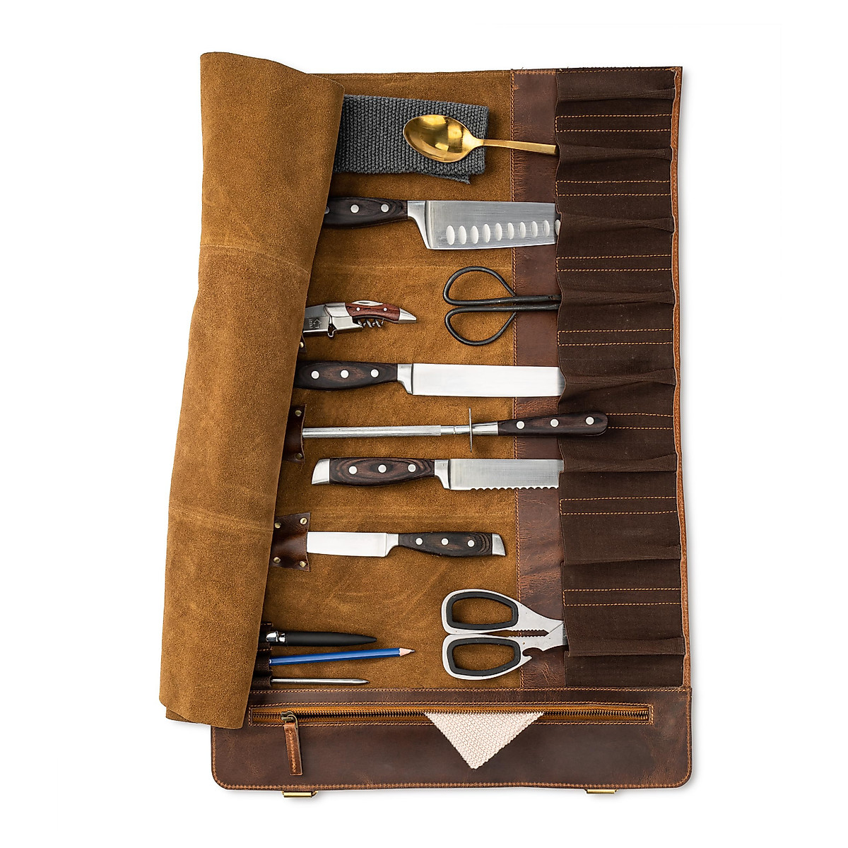 Angus Stoke Premium Leather Knife roll Storage Bag XXL - 14 Pockets, Buffalo Leather with Shoulder Strap, Chef's Knife Bag case Rene (Walnut-Brown)