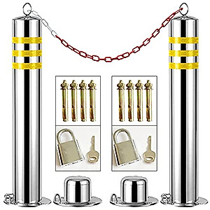 2 Pieces Parking Bollards Telescopic Stainless Steel Parking Space Lock with Reflective Padlock Parking Posts for Driveways 3m Plastic Chain