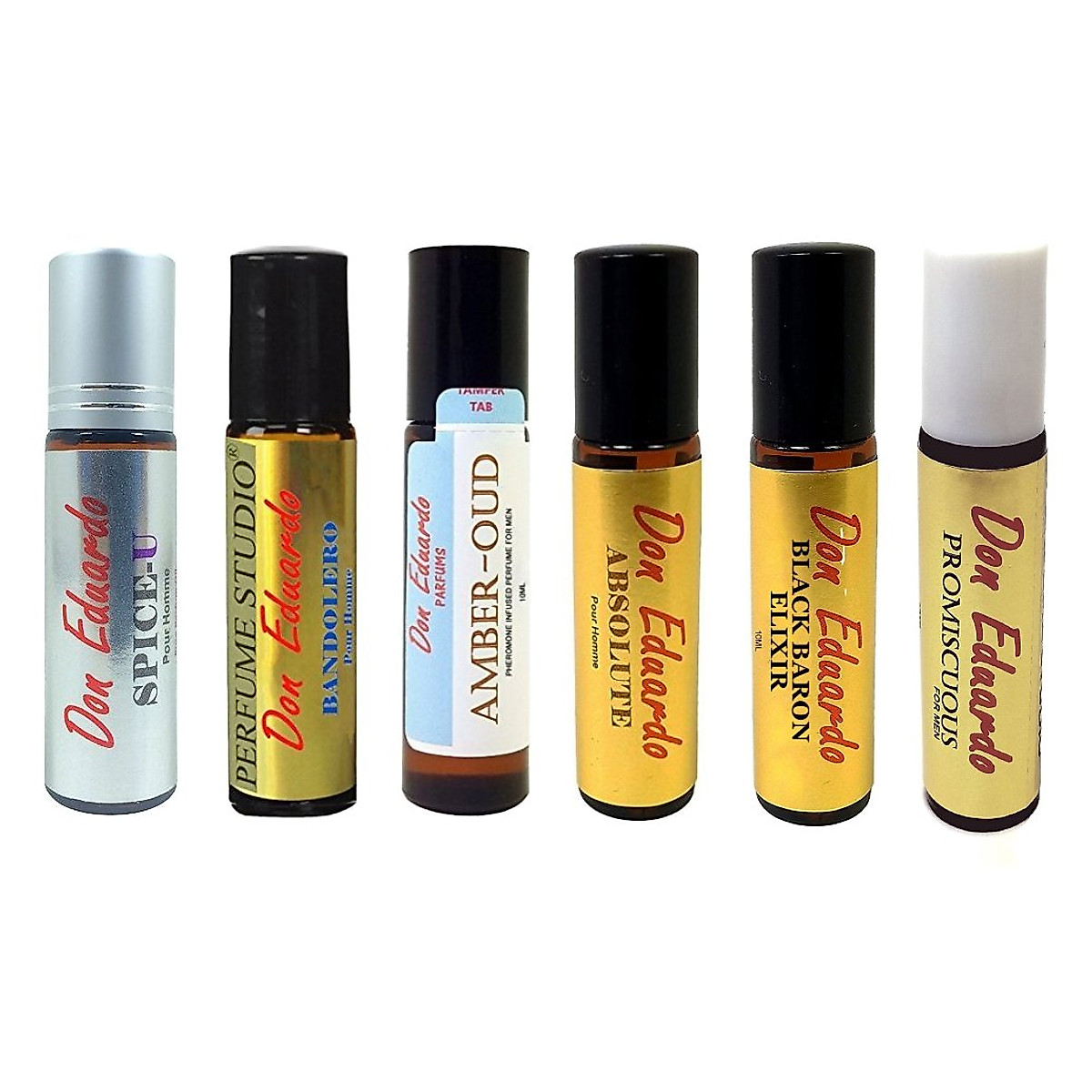 Don Eduardo Parfums Set for Men to Attract Women with Natural Attractant Oils (Absolute, Spice-U, Amber Oud, Bandolero, Black Baron, Promiscuous), 10ml