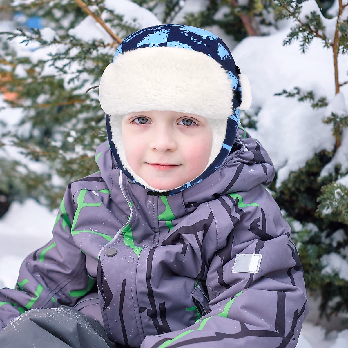 Baby Boy Hats Toddler Winter Hat Sherpa Lined Warm Trapper Hat Fleece Girl Infant Beanie Blue Dinosaur 2-5T