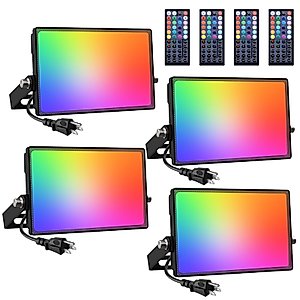 Onforu 4 Pack RGB LED Flood Light 160W Equivalent, DIY Color Changing Stage Lights with Remote, IP66 Indoor Outdoor Landscape Floor Strobe Light, Uplights for Christmas Event, Uplighting Wall Wash