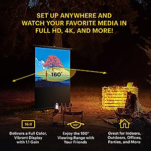 KODAK Portable Projector Screen | 80” Indoor & Outdoor 16:9 Video Projection Surface & Stand with Carry Handle | 1080p, 4K/8K UHD, 3D & HDR Ready | Fast Setup for Movies, Office Presentations & More