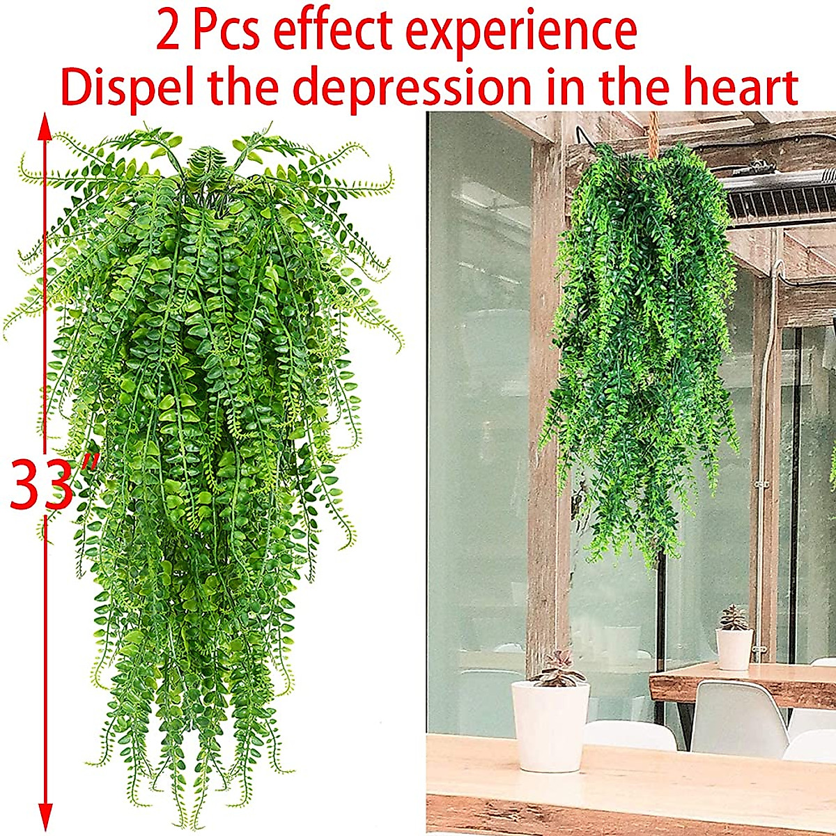 CLONG 2 pcs Artificial Hanging Ferns Plants Vine Fake Ivy Boston Outdoor UV Resistant Plastic Plants (Green)