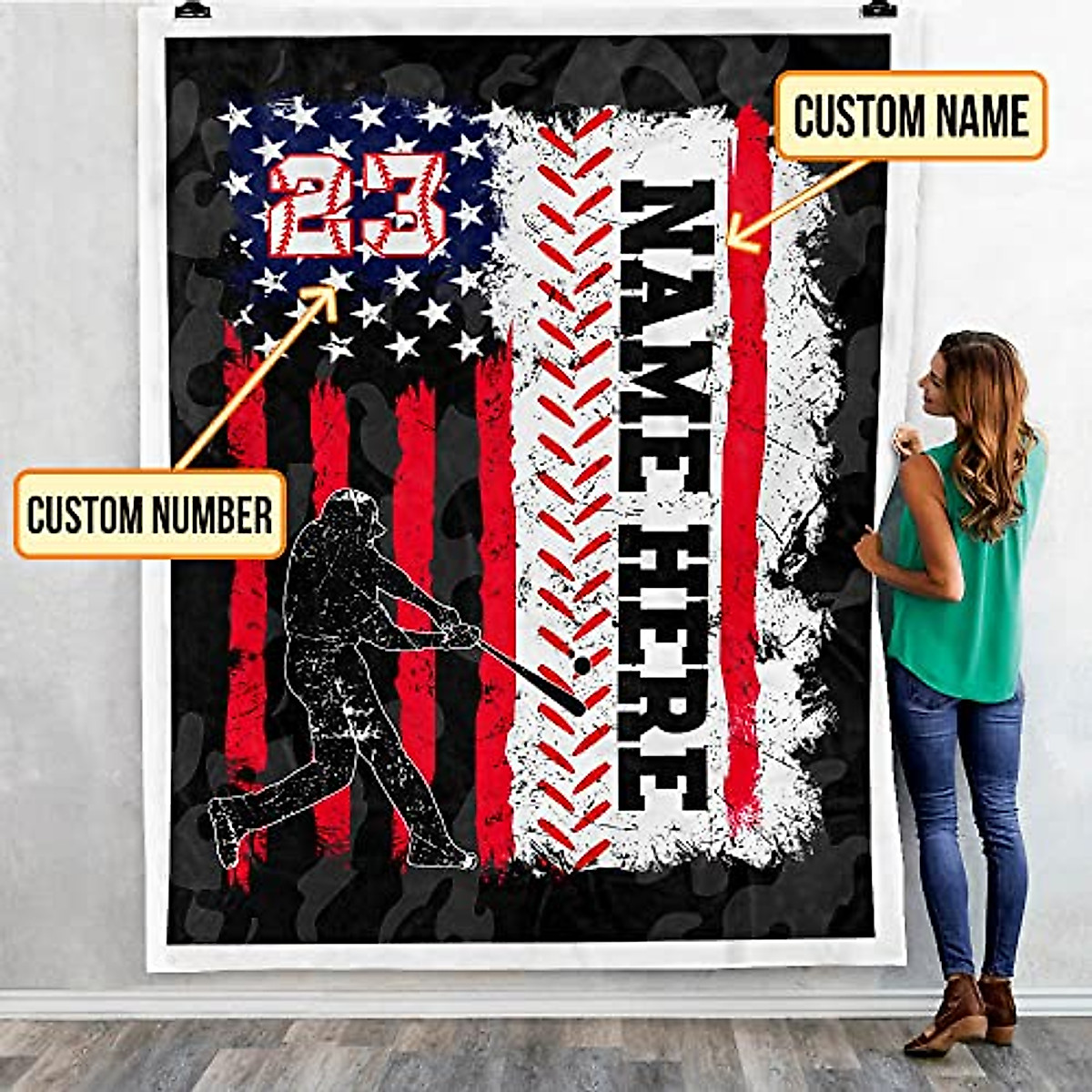 TEEMAN Personalized Baseball Blanket for Boy, American Flag Throw Blanket, Custom Name Number Baseball Gifts for Boys 8-12, Gift for Sport Baseball Player and Lover on Birthday, Baseball Season