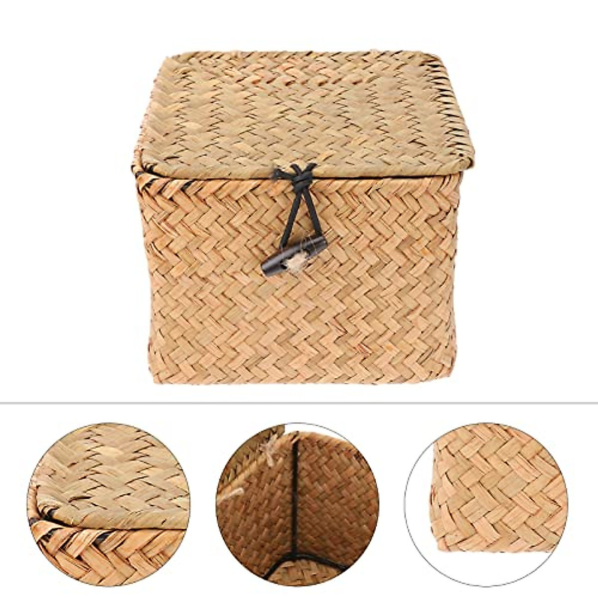 IMIKEYA Seaweed Baskets with Lids: Woven Baskets Seagrass Storage Woven Basket Straw Rattan Storage Basket Hand-Woven Storage Basket Bin Container Organizer for Shelf Desktop 4 inch