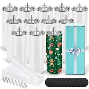 D·S 12 Pack Sublimation Tumblers 20 oz Bulk Skinny Straight Flat Bottom Blank Tumbler Cups with Individual Gift Boxed for Heat Transfer DIY Craft