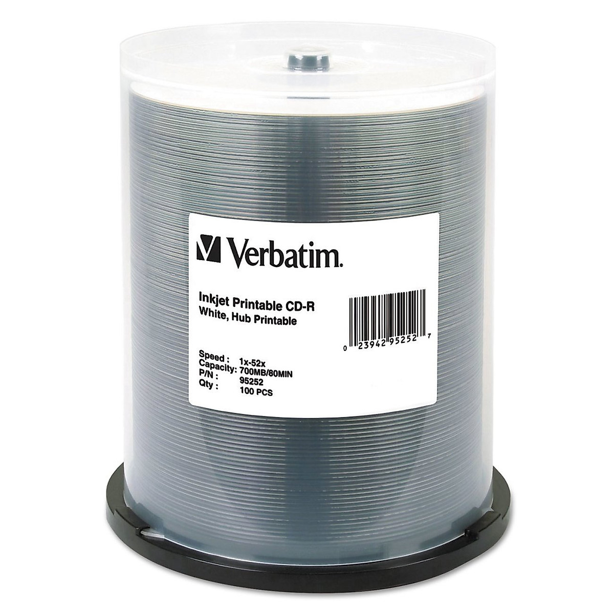 Verbatim DVD-R 4.7GB 16X DataLifePlus White Inkjet Printable Surface, Hub Printable - 100pk Tape Wrap & CD-R 700MB 52X White Inkjet Hub Printable Recordable Media Disc - 100pk Spindle