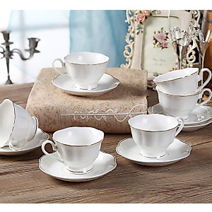 GuangYang 12 PCS White Tea Set-Fine Porcelain Tea Cup and Saucer set of 6 with Gold Line Handle for Tea Party