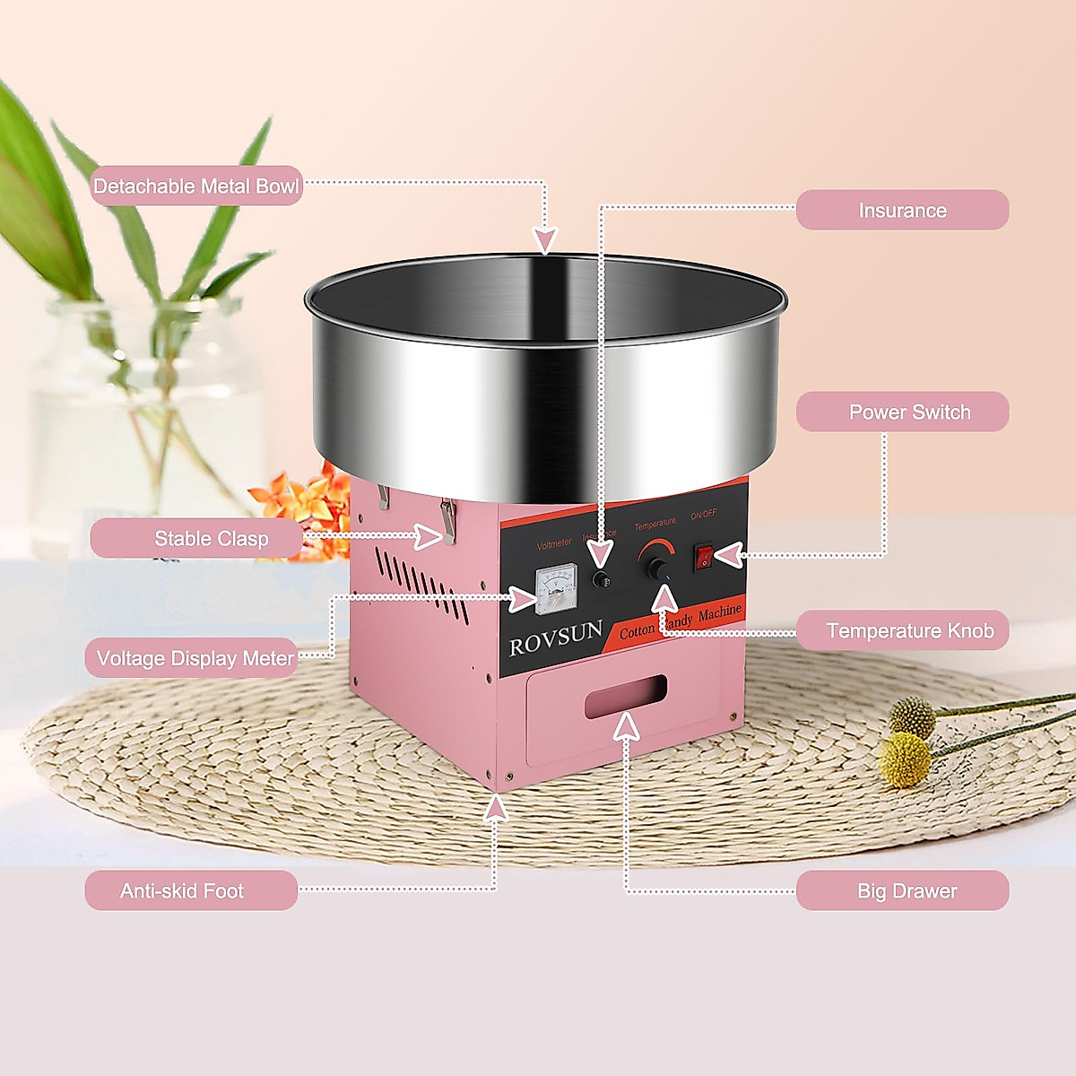 ROVSUN 21 Inch Cotton Candy Machine Commercial, Candy Floss Maker Electric Cotton Candy Maker w/Stainless Steel Bowl, Sugar Scoop and Large Storage Drawer for Home Party Carnival