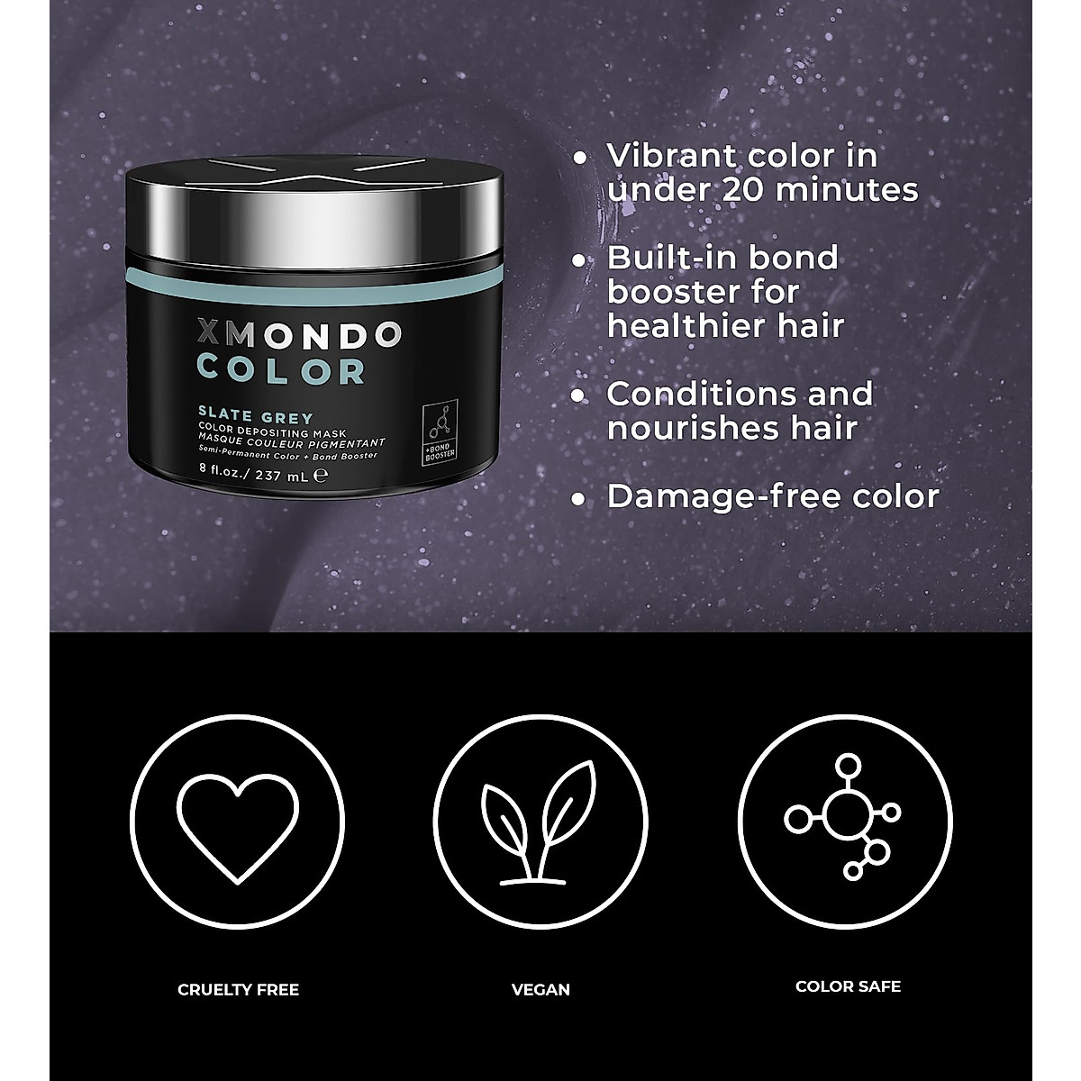 XMONDO Color Slate Grey Depositing Mask & Semi-Permanent Grey Hair Dye | Infused with Bond Booster Technology & Hyaluronic Acid for Nourishment, Revitalization & Repair, Vegan Formula, 8 Fl Oz 1-Pack
