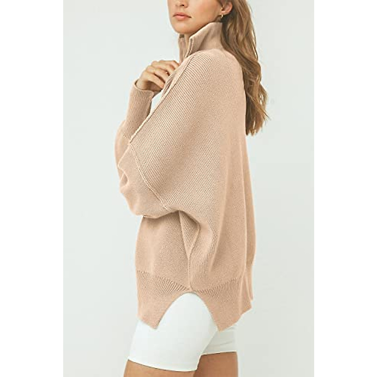 PRETTYGARDEN Women's 2023 Fall Pullover Oversized Sweaters Casual Long Sleeve Zip Up Collared Winter Tops Blouse (Apricot,Small)