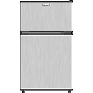 Honeywell 3.1 Cu Ft Mini Fridge with Freezer, Double Door, Low noise, Compact Refrigerator for, Office, Dorm Adjustable Temperature, Stainless Steel