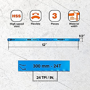 GRAFF Bi-Metal Molybdenum Hacksaw Blades 12 Inch for Metal and Steel Cutting 24 tpi - Handsaw Blades Replacement HSS