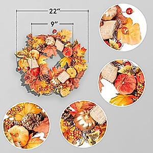 ASTEROUTDOOR 22" Fall Wreath Artificial Wreath, Autumn Maple Leaf Berry Pumpkin Pinecone Harvest Wreath for Front Door Home Decor Thanksgiving Christmas Decorations