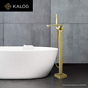 Kalog Single Handle Freestanding Tub Filler Floor Mount Bathtub Faucet with Square Handheld Shower (Brushed Gold-E)