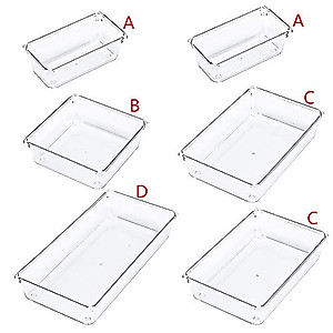Slideep Clear Desk Drawer Organizer Trays, Dresser Desk Drawer Dividers Large Capacity Plastic Storage Bins for Cosmetic, Makeup Trays, Kitchen Gadgets, Office Accessories, 4 Different Sizes, 6 Pcs