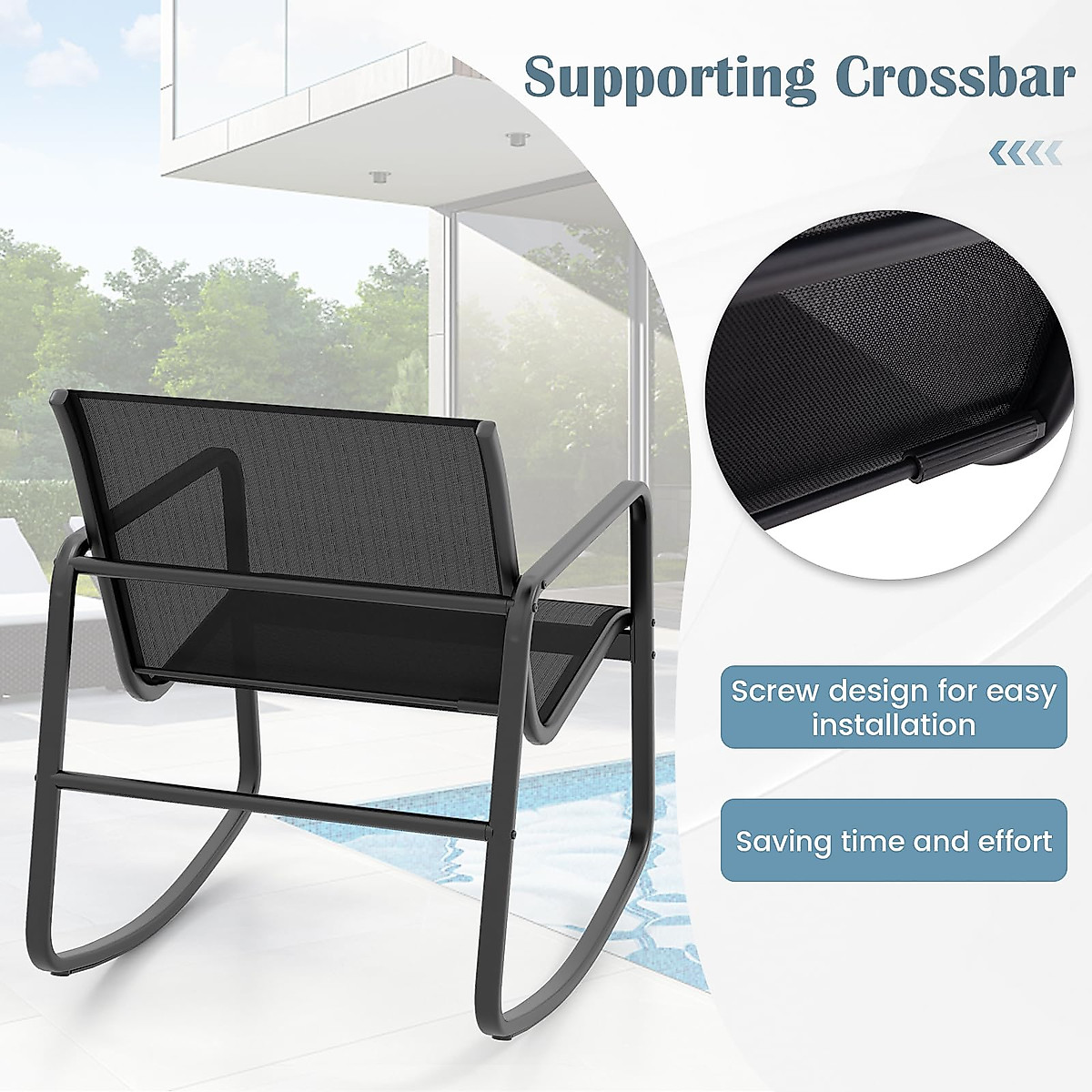 Tangkula 4 Piece Patio Rocking Set, 2 Rocking Chairs & Loveseat with Glass-Top Table, Patio Furniture Set with Smooth Rocking Motion, Outdoor Rocker Chair Conversation Set for Porch, Yard (1, Black)