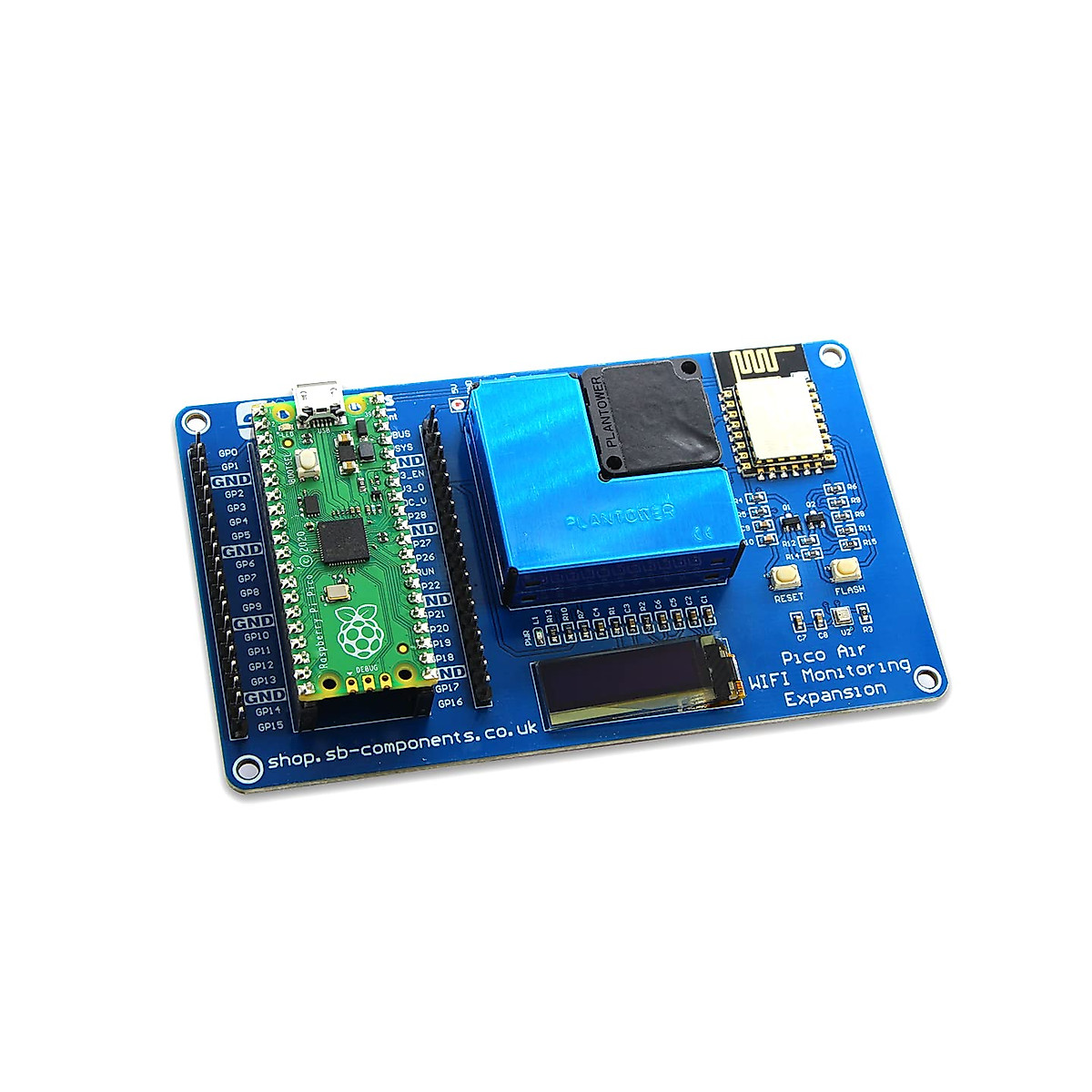 Raspberry Pi Pico Air WiFi Monitoring Expansion PMSA003 Sensor ESP8266 Module Air Monitor WiFi HAT for Raspberry Pi Pico with inbuilt 0.91" OLED Display