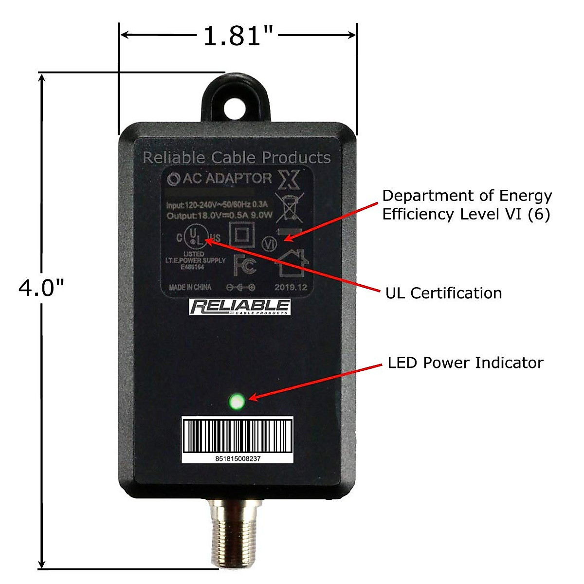 Reliable Cable Power Supply, High Efficiency OEM Replacement Wall Mount Adapter for CATV Drop Amplifiers 18V 500mA (0.5A) with F-Type Connection, DoE Level VI Rated