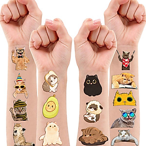 96 PCS Cute Funny Meme Cat Cats Temporary Tattoos Stickers Themed Birthday Party Decorations Supplies Decor Favors Animal Pet Puppy Tattoo Sticker Gifts For Kids Boys Girls School Prizes Christmas