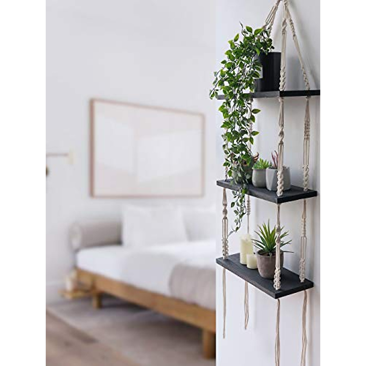 TIMEYARD Macrame Shelf Hanging Shelves, Wooden Wall Shelf with Woven Rope, Black Floating Shelves Storage Organizer, 3 Tier Shelf Boho Decor for Living Room, Bathroom, Bedroom