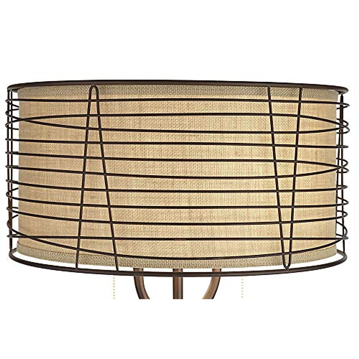 Franklin Iron Works Marlowe Industrial Rustic Farmhouse Lamp Floor Standing 60 1/2" Tall Bronze Woven Iron Metal Burlap Fabric Double Drum Shade for Living Room Reading Bedroom Office House Home