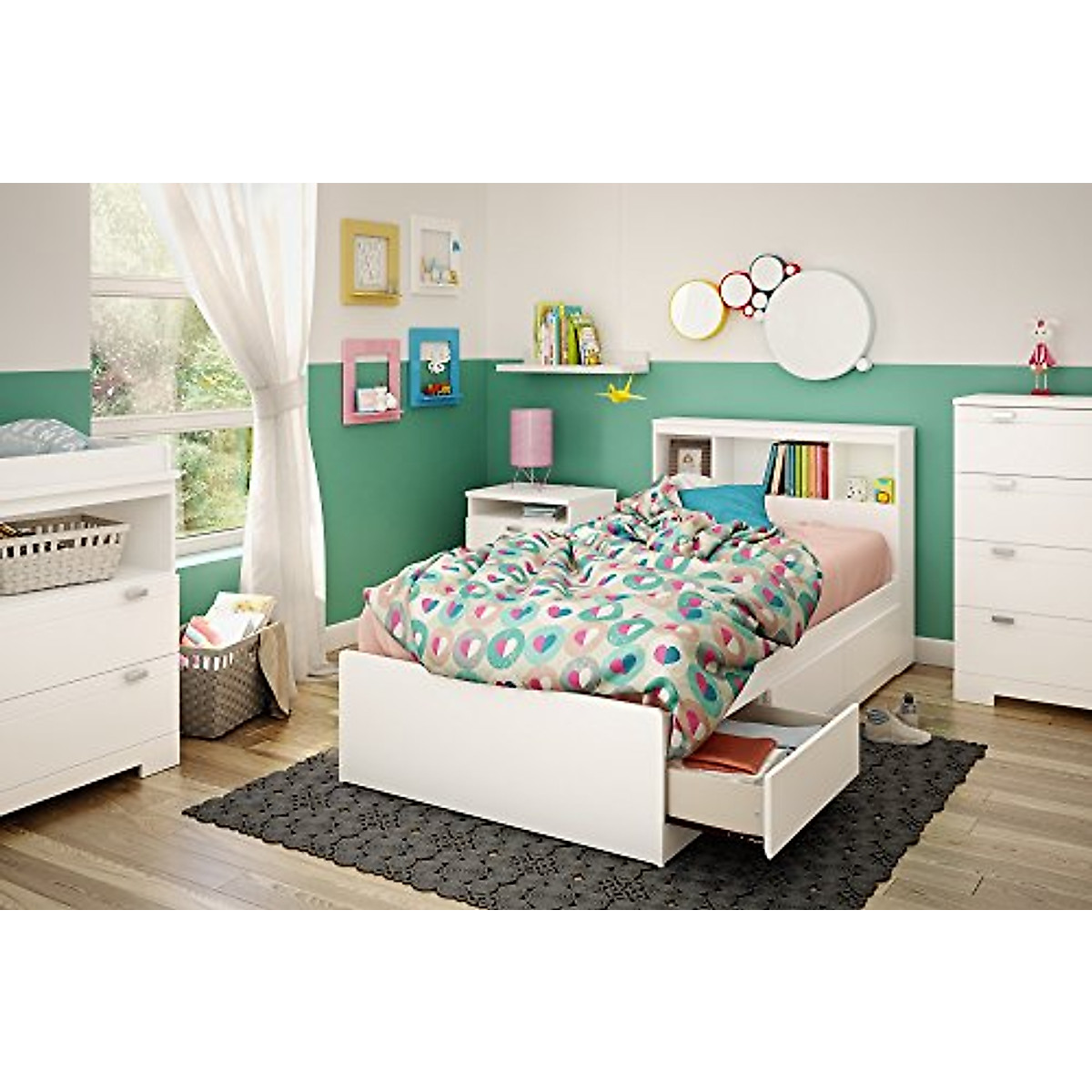 South Shore Reevo Twin Mates Bed With Bookcase Headboard (39"), Pure White