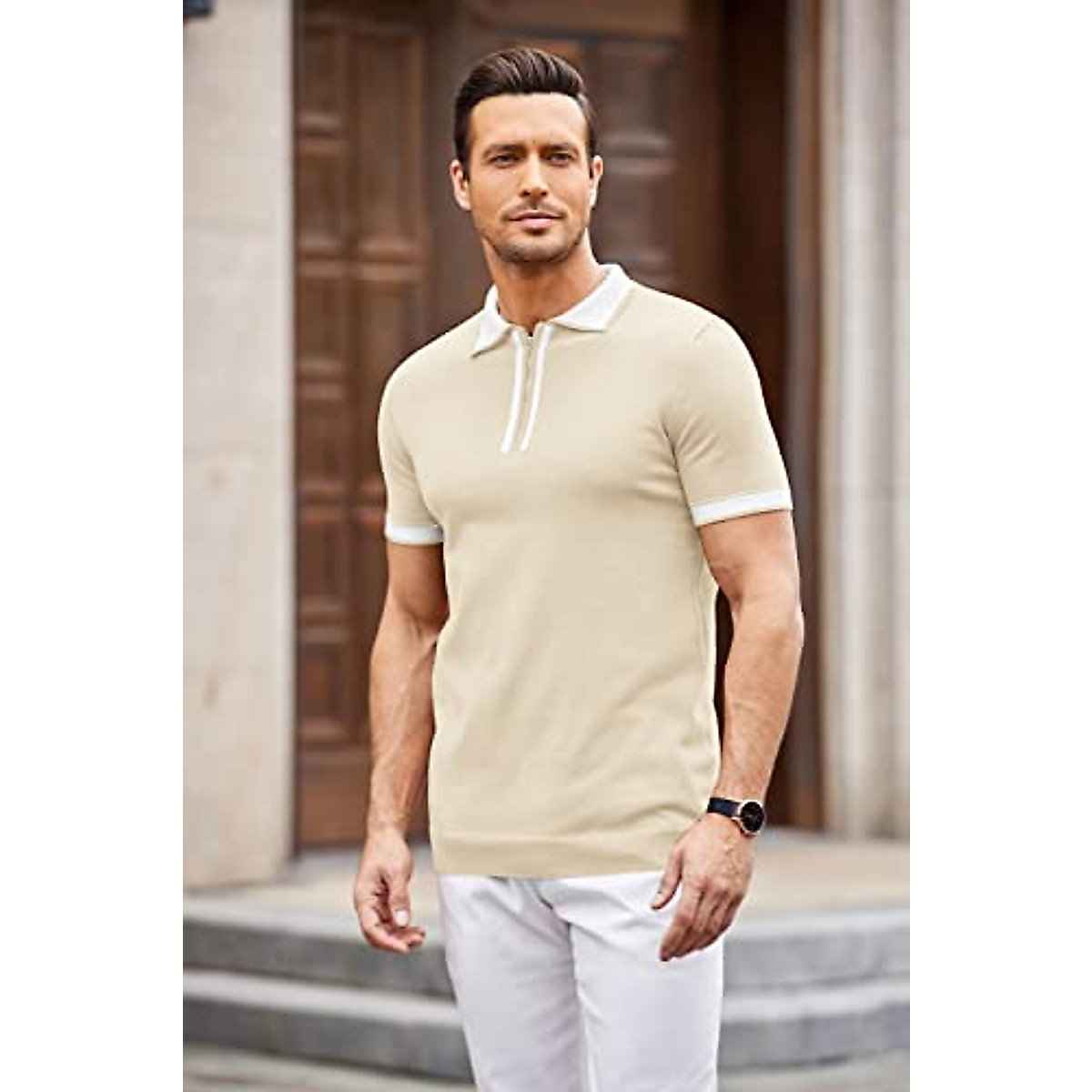 COOFANDY Mens Zipper Polo Shirt Short Sleeve Muscle Polo Shirt Golf Polo T Shirt Cream Color