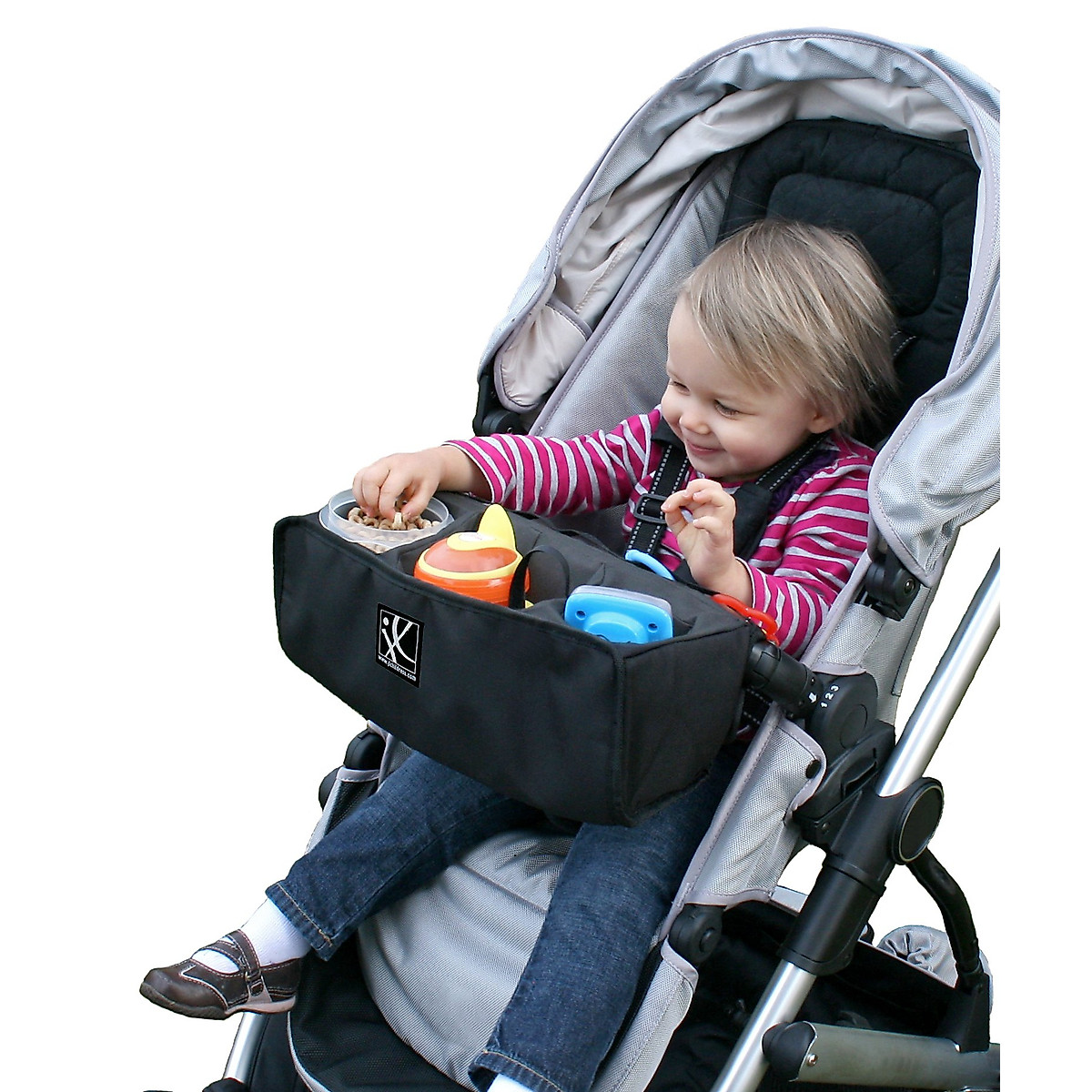 J.L. Childress Food 'N Fun Universal Stroller Snack Tray - Cup Holder, No-Throw Strap, Toy Loops - Removable Stroller Snack Tray - Black