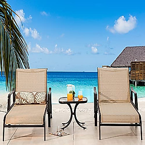 LOKATSE HOME Outdoor Patio Adjustable Metal Chaise Lounge Chair Recliner Set of 2 with 1 Glass Top Bistro Table, Beige