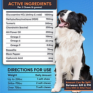 Senior Dog Joint Supplement -1000mg Glucosamine for Dogs -Advanced Hip & Joint Support Chews w/Glucosamine, Chondroitin, MSM, Turmeric & Omega 3 for Pain & Inflammation Relief, Improved Mobility