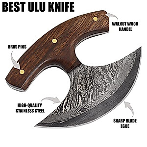 Hercules Knives Custom San Mai Damascus Steel Traditional Alaskan Ulu Knife Multi-Purpose Pizza Cutter, Vegetable Chopping, Boning Slicing Cutting Walnut Handle Leather Sheath (UL-05)