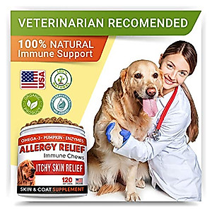 Allergy Relief Dog Treats w/Omega 3 + Pumpkin + Enzymes + Turmeric - Itchy Skin Relief - Immune & Digestive Supplement - Skin & Coat Health - Anti-Itch & Hot Spots -Made in USA - Chicken Flavor Chews
