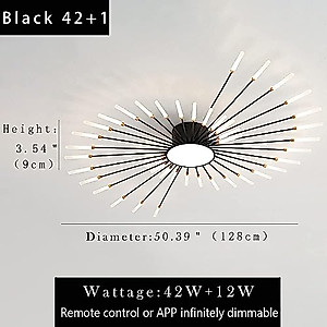 51 Inch Dimmable LED Ceiling Light Fixture,42 Lights Ceiling Lights Flush Mount Chandelier Black Indoor Lighting for Living Room,42W+12W Firework Deco Close to Ceiling Light with Remote Control