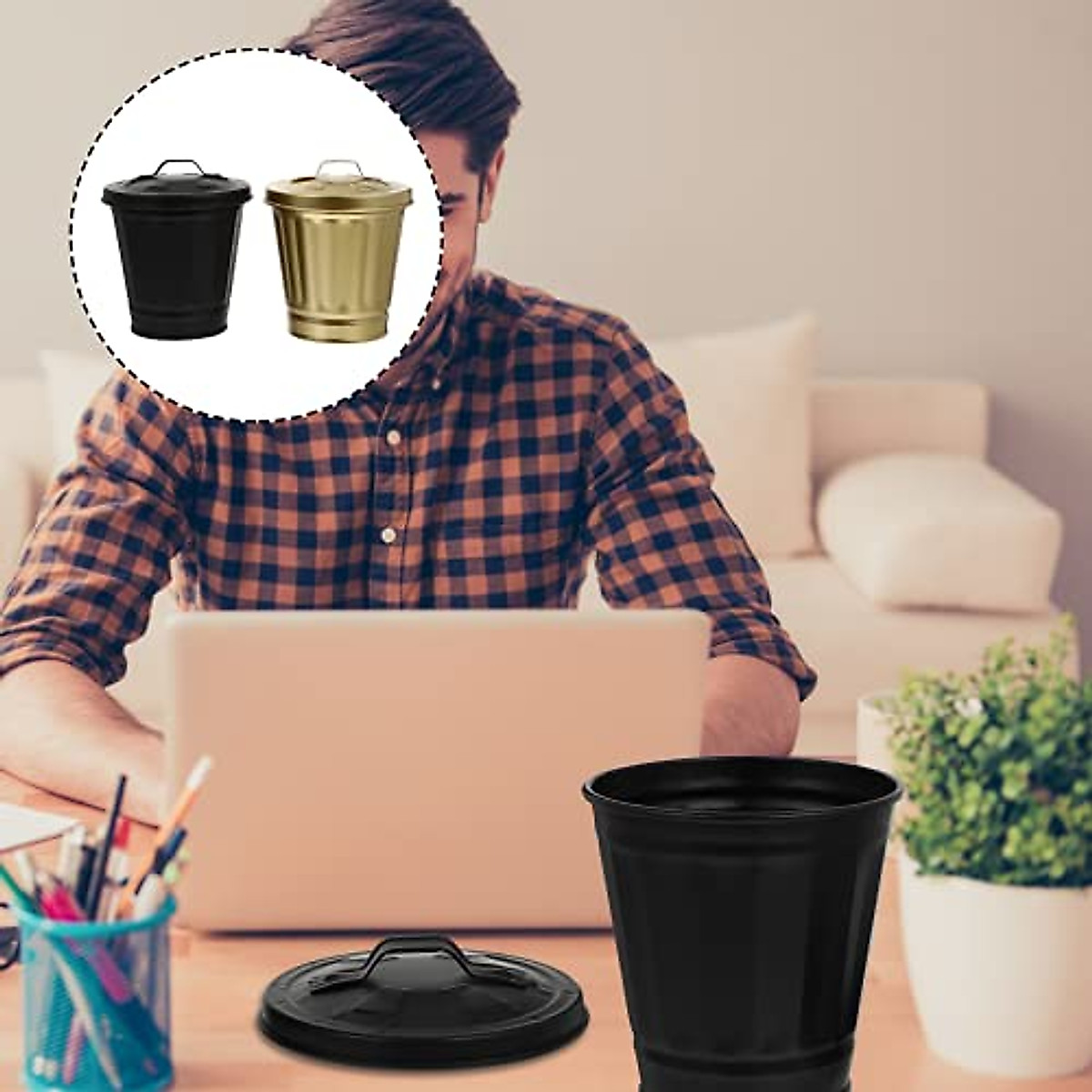 DOITOOL Desktop Iron Pot 2pcs Mini Table Trash Can with Lid Metal Countertop Garbage Bin Desk Wastebasket Trash Container for Home Office Mini Trash Bins