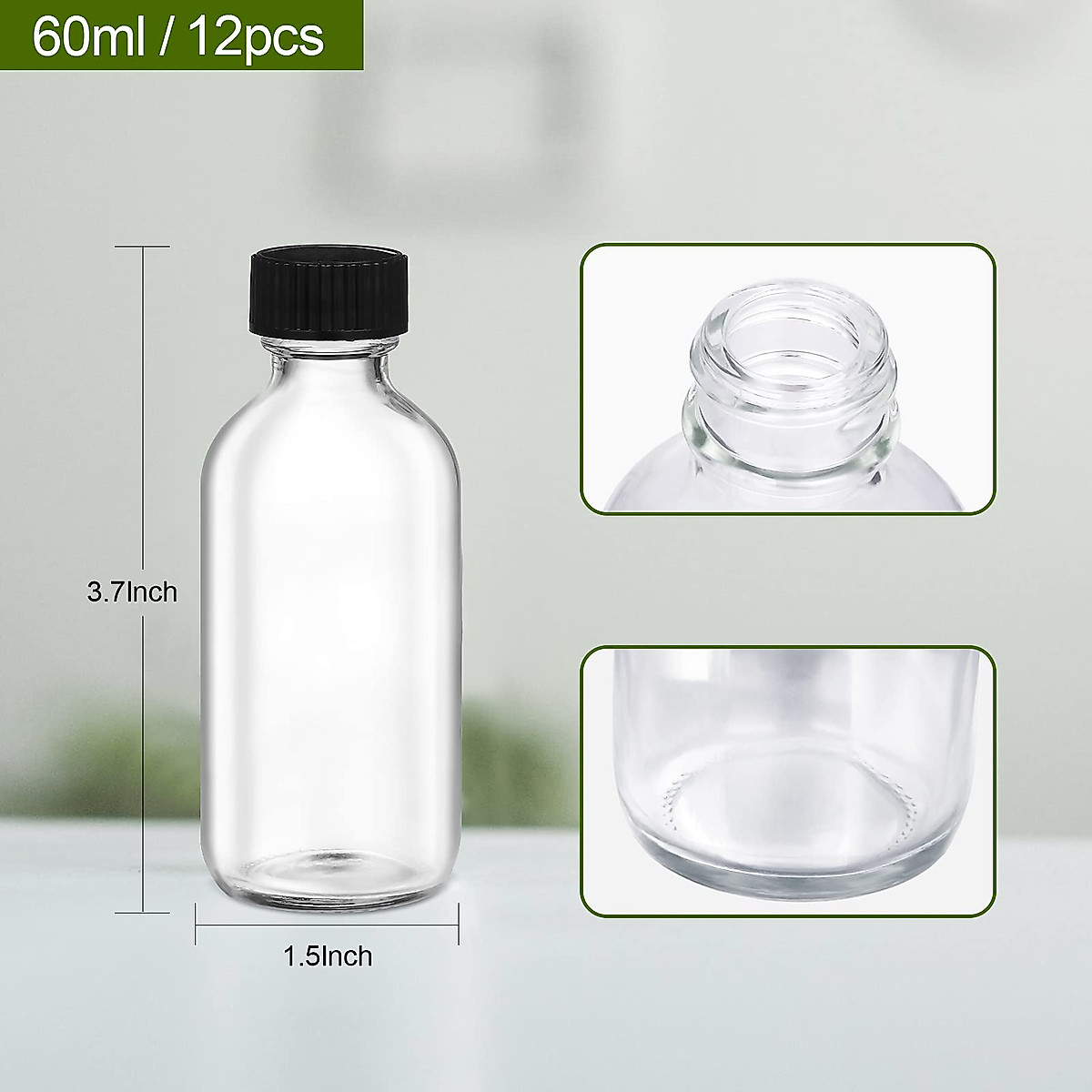 Cibeat 12 pack 2 oz Clear Glass Boston Bottle With Black Poly Cap, Funnel, Chalk Labels, Pen Dispensing Bottles for Homemade Vanilla Extract, Essential Oils, Herbal Medicine, Wedding Christmas Decor