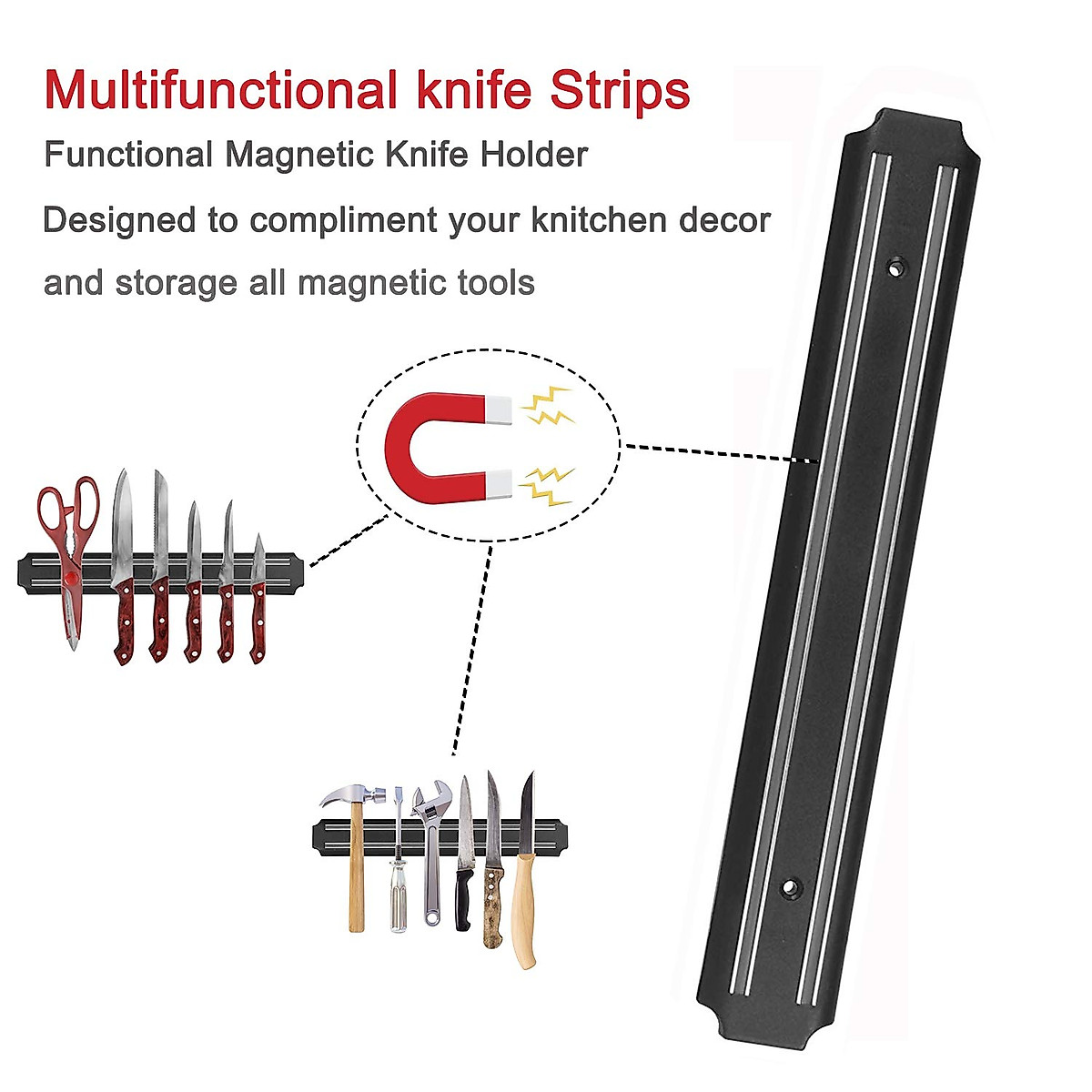 Magnetic Knife Strips,15 Inch Knife Storage Strip, Multi-Purpose Magnetic Knife Bar Rack Block for Kitchen Utensil Holder,Magnetic Tool Organizer, Home Organizer (2 Pack)