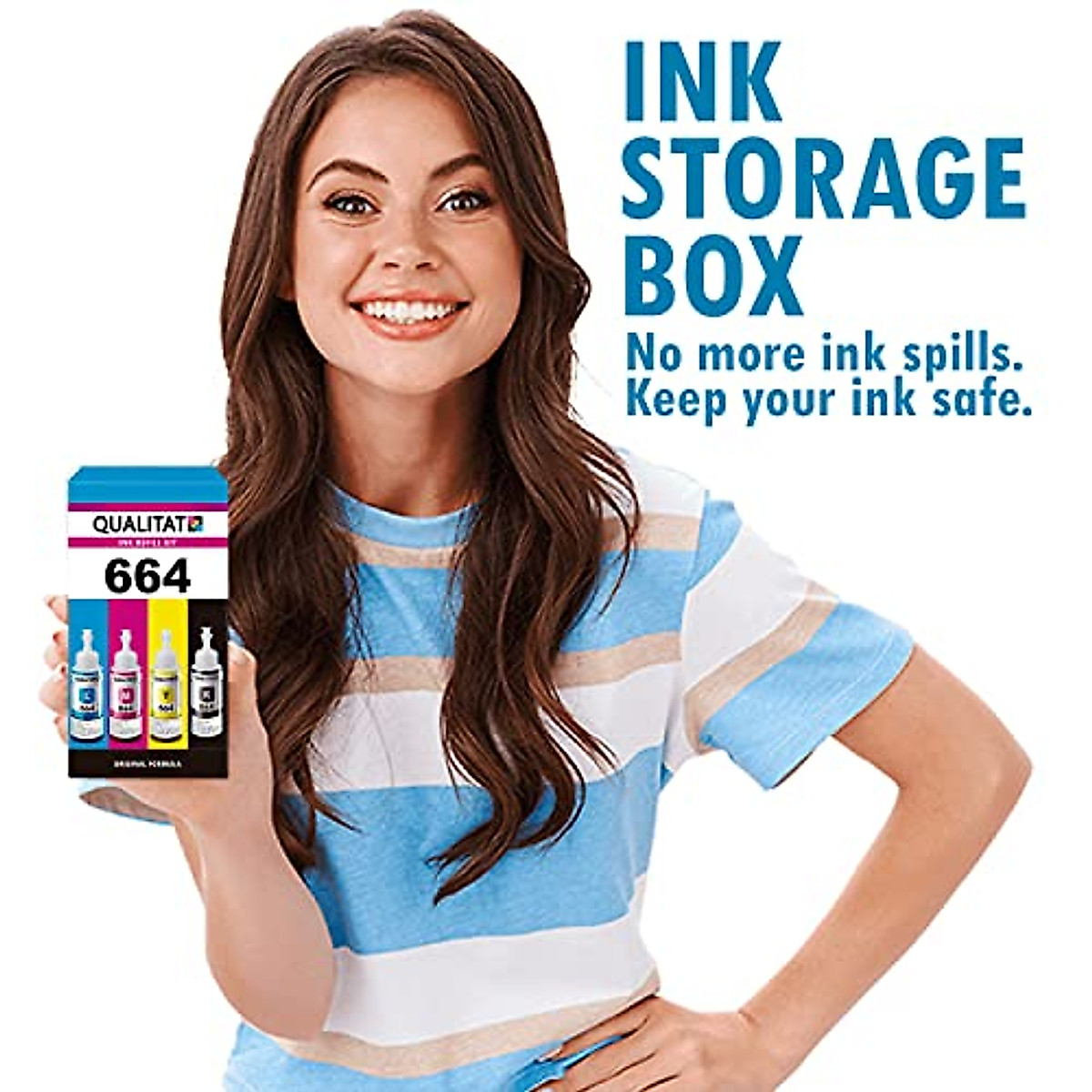 QUALITAT Epson 664 Ink Refill Bottles | All 4 Colors + 4 Gloves + Ink Storage Box | Epson 664 for L365 Ink, ET-2550, ET-2650, ET-2600, ET-2500 (Black, Cyan, Magenta, Yellow) | Tinta 664