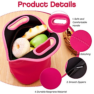 CHENGU 2 Pcs Neoprene Lunch Bag Insulated Thermal Lunch Bag Reusable and Foldable Lunch Bag with Zipper for Women Men Nurse Teacher Work Outdoor Travel Picnic, Soft and Lightweight (Purple, Rosy)