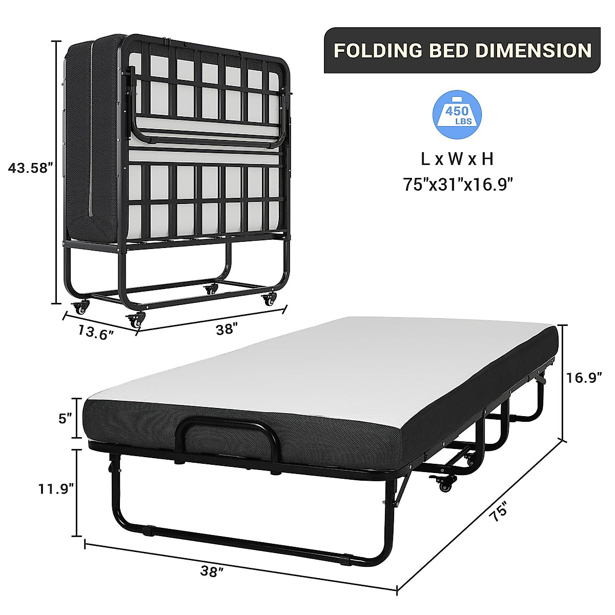 DICTAC Folding Bed with Mattress 75x38 Twin Size Bed Frame Portable Foldable Guest Bed for Adults Rollaway Bed with Wheels Fold up Bed with Metal Slats Bed Frame- 5'' Luxurious Memory Foam Mattress