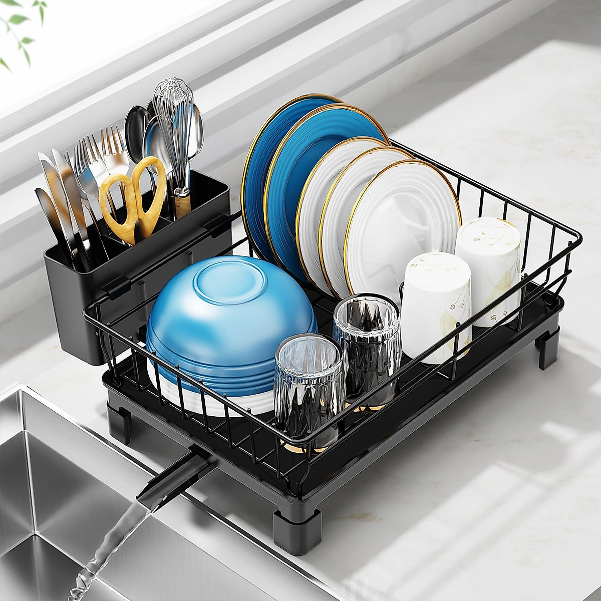 GSlife Dish Drying Rack, Small Dish Rack with Tray Compact Dish Drainer for Kitchen Counter Cabinet, Black