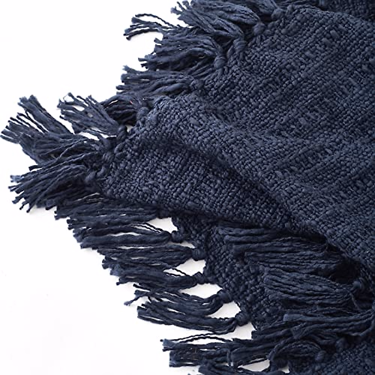 PANDATEX Thick Chunky Navy Blue Knitted Throw Blanket for Couch Chair Sofa Bed, Chic Boho Style Textured Basket Weave Pattern Blanket with Decorative Fringe, 50"x60"