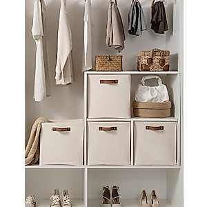 StorageWorks 13x13 Storage Cubes, Collapsible Storage Bins Organizer for Closet, Fabric Storage Box with PU Handles, Beige, 4-Pack