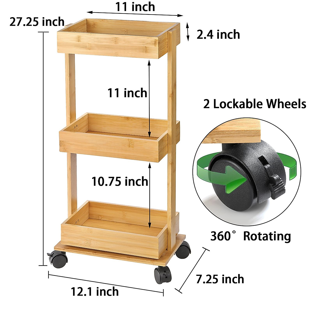 TOPZEA Slim Storage Cart, 3-Tier Bamboo Rolling Utility Cart Standing Rack on Wheel, Mobile Shelving Unit Organizer Serving Trolley Slide Out Cart for Office Bathroom Kitchen Laundry Room(Upgraded)