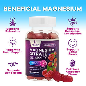 Magnesium Supplement Gummy - High Absorption Magnesium Citrate Supplement for Adults & Kids - Nature's Calm Magnesio Gummies Dietary Supplements for Bone, Muscle Health, Heart Support - 60 Gummies