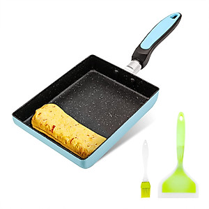 Japanese Tamagoyaki Omelette Egg Pan（blue）, 7" x 6" inch Non-stick Coating Retangle Small Frying Pan, Gas Stove and Induction Hob Compatible, Dishwasher Safe, with Silicone Spatula & Brush（green)
