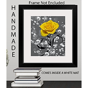 Yellow Rose Flower Bubbles Decorative Bathroom Wall Decor Photography Handmade Matted Wall Art Picture (Blue)