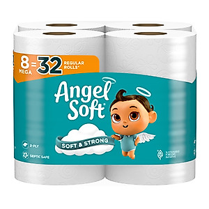 Angel Soft Toilet Paper, 8 Mega Rolls = 32 Regular Rolls, Soft and Strong Toilet Tissue