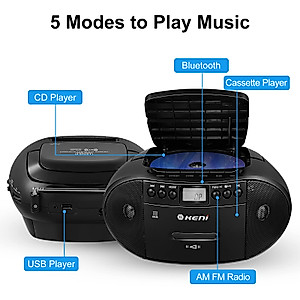 G Keni Portable CD and Cassette Player Boombox Combo, Casette Tape Recorder with Remote, AM FM Radio, USB Playback with Earphone Jack, 5.1V Bluetooth Speaker, Battery Operated or AC Powered for Home