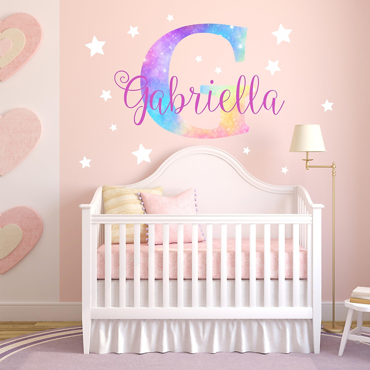 Girls Nursery Shimmer Rainbow Printed Initial and Stars Custom Personalized Name and Initial Kids Vinyl Wall Decal, Wall Sticker Decor for Babies (Multi-Size Choices). (Shimmer Rainbow)